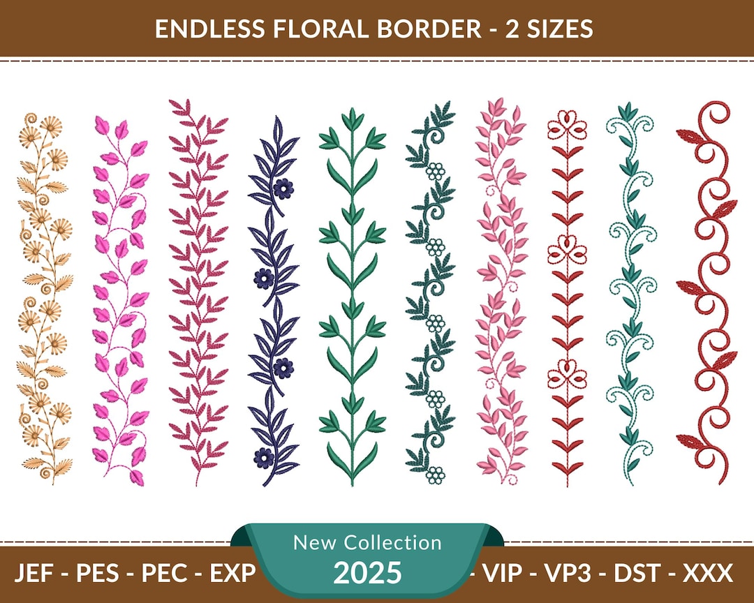 Floral Leaf Border Embroidery Design | 2 Sizes | Machine Embroidery ...