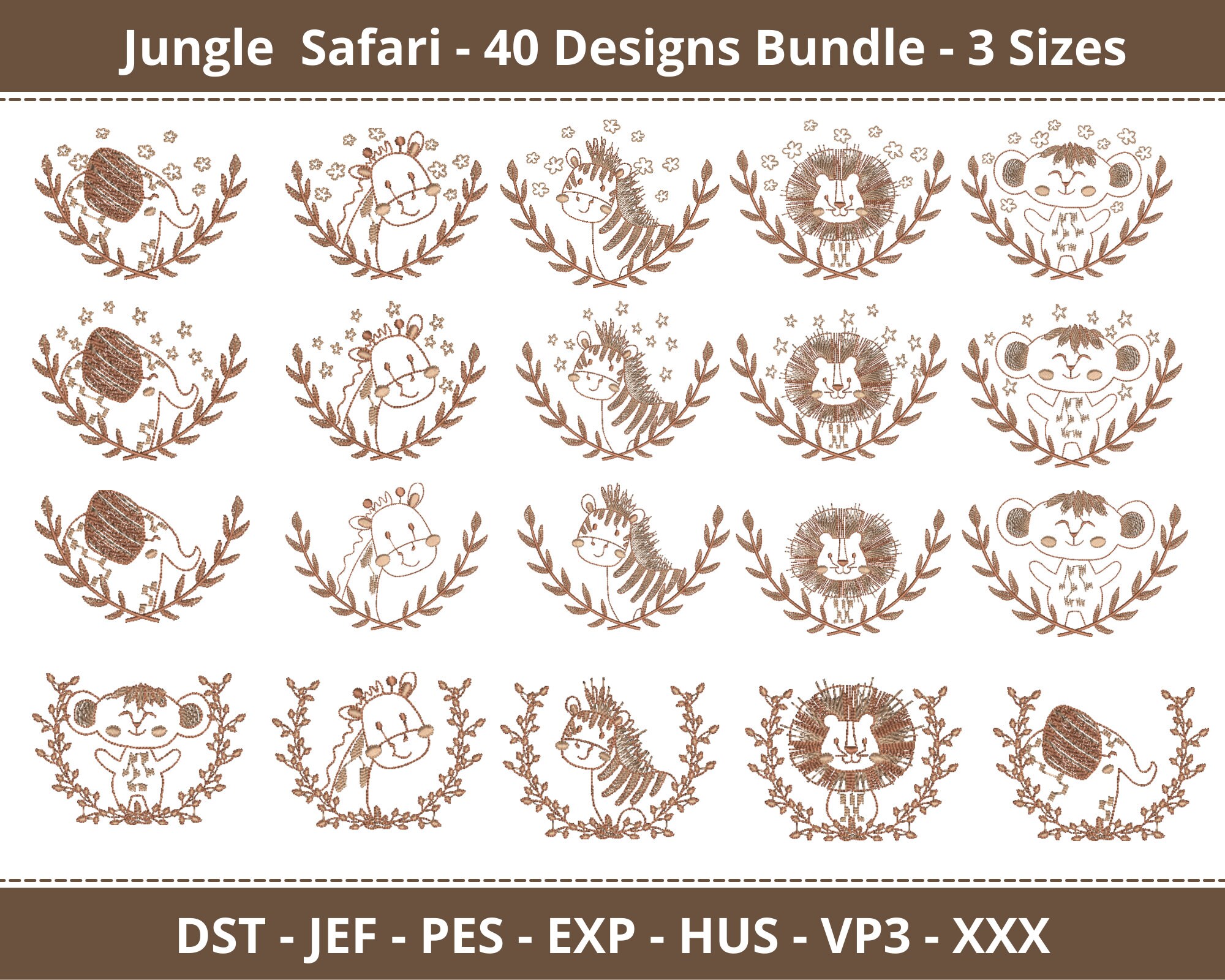 Jungle Safari Animal Machine Embroidery Design Bundle – 40 Cute Line ...