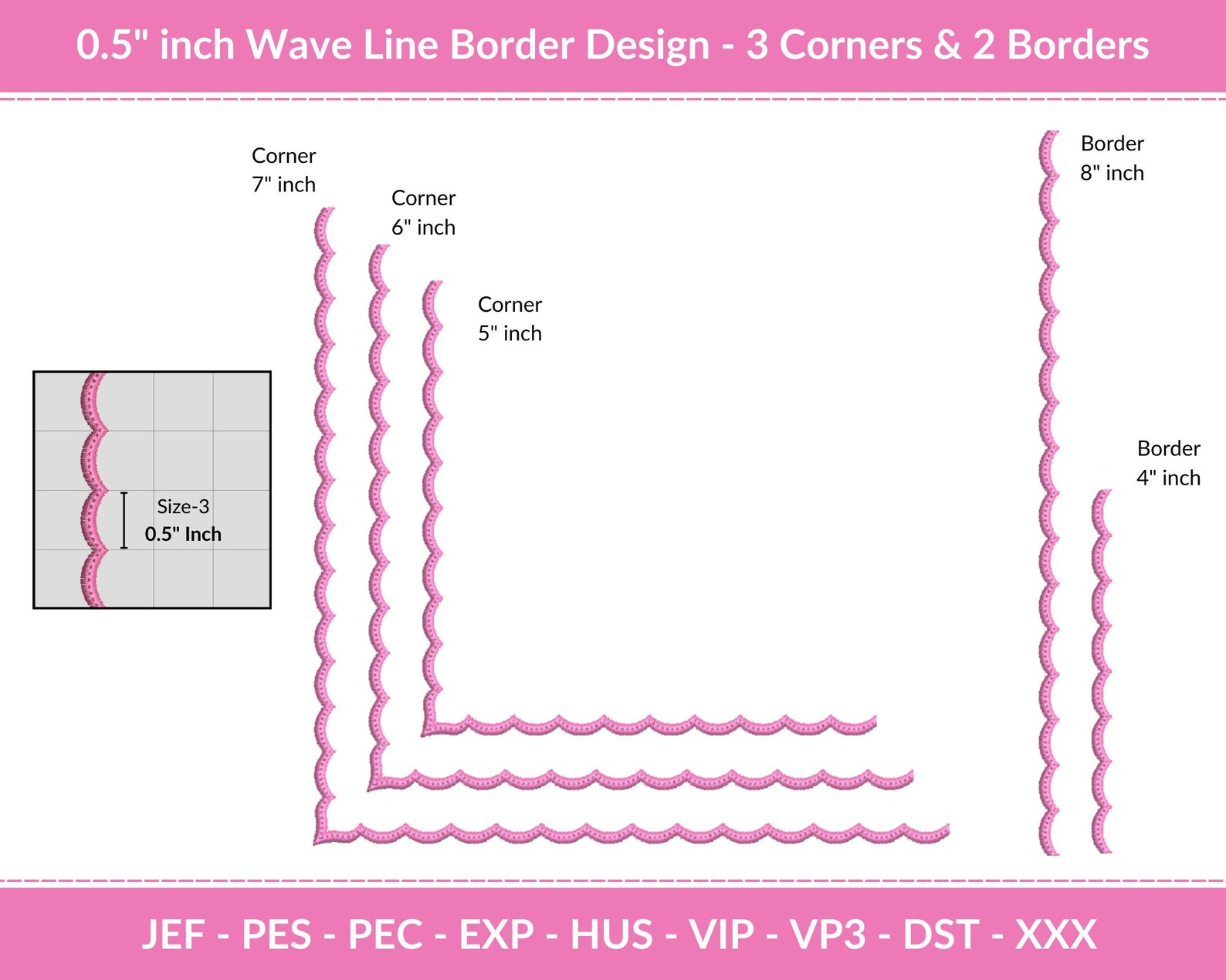 Wave Line Border Embroidery Design Set – Endless Pattern - 3 Wave Size ...