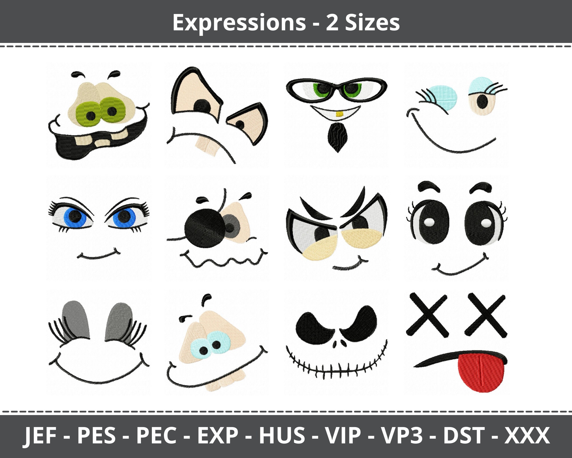 Funny Face Expressions Embroidery Design Bundle – 15 Cartoon Eyes ...