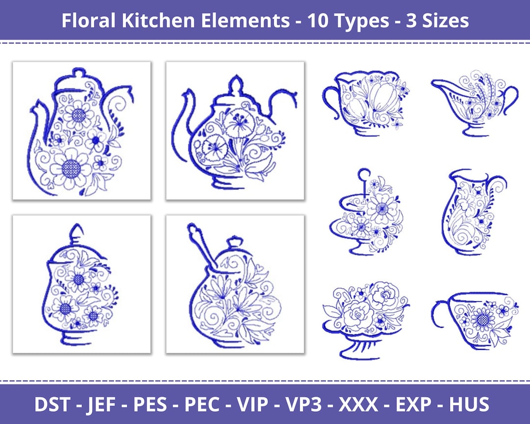 Floral Kitchen Elements - Line Work Machine Embroidery Designs - 3 ...