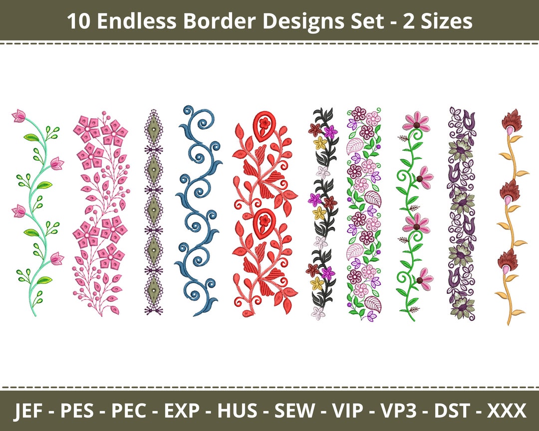 10 Endless Embroidery Border Designs Bundle - Flower Embroidery Border ...