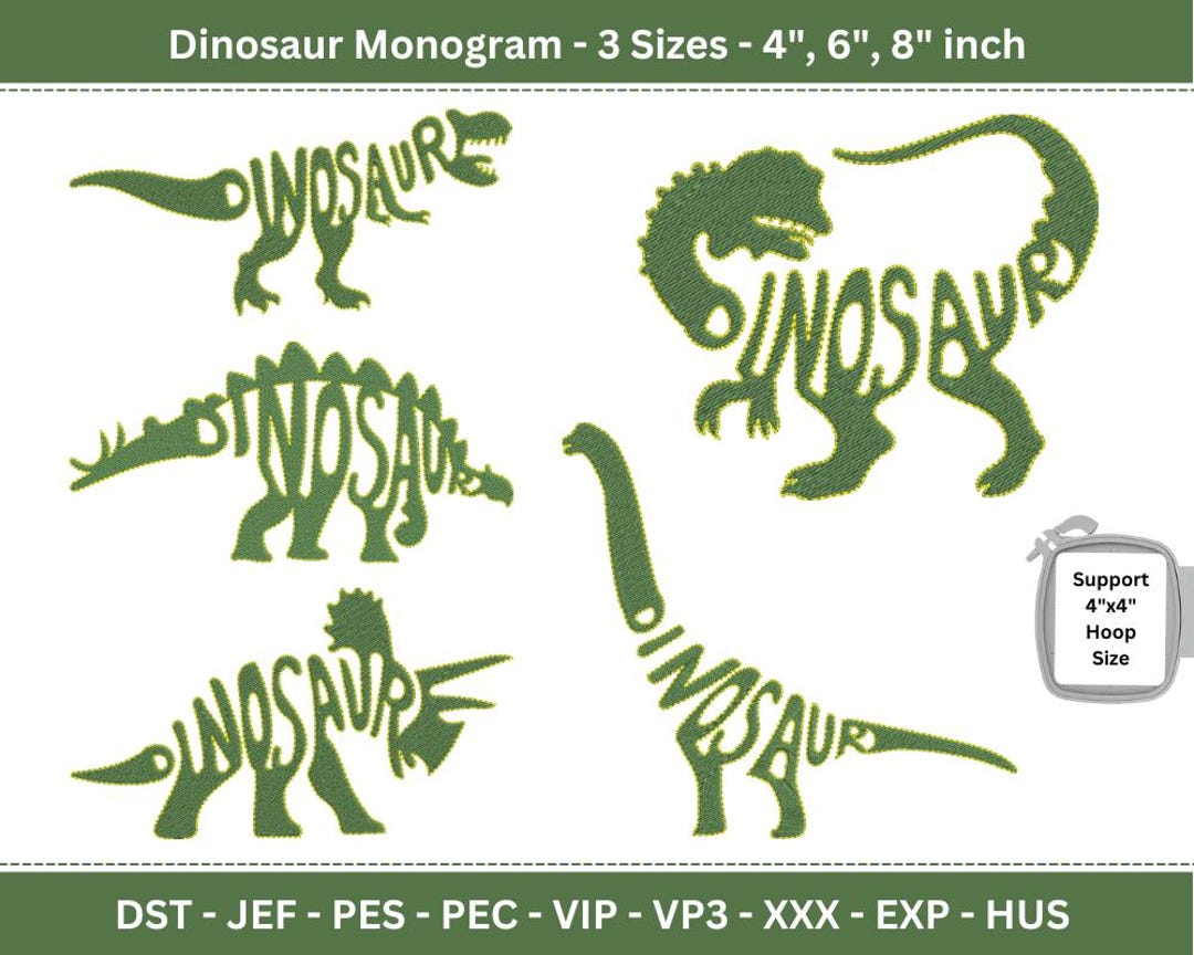 Dinosaur Monogram Machine Embroidery Designs, 5 Designs, 4 Sizes ...