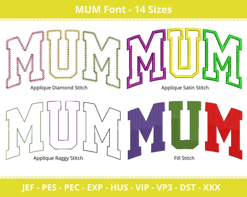 MUM Applique Font Machine Embroidery Designs - Diamond Stitch, Raggy ...