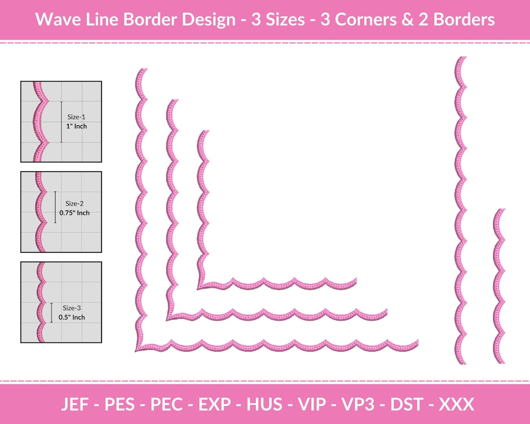 Wave Line Border Embroidery Design Set – Endless Pattern - 3 Wave Size ...