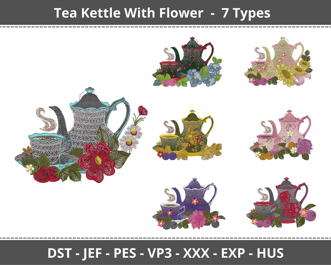 Tea Kettle With Flower Embroidery Design - Machine Embroidery Pattern ...