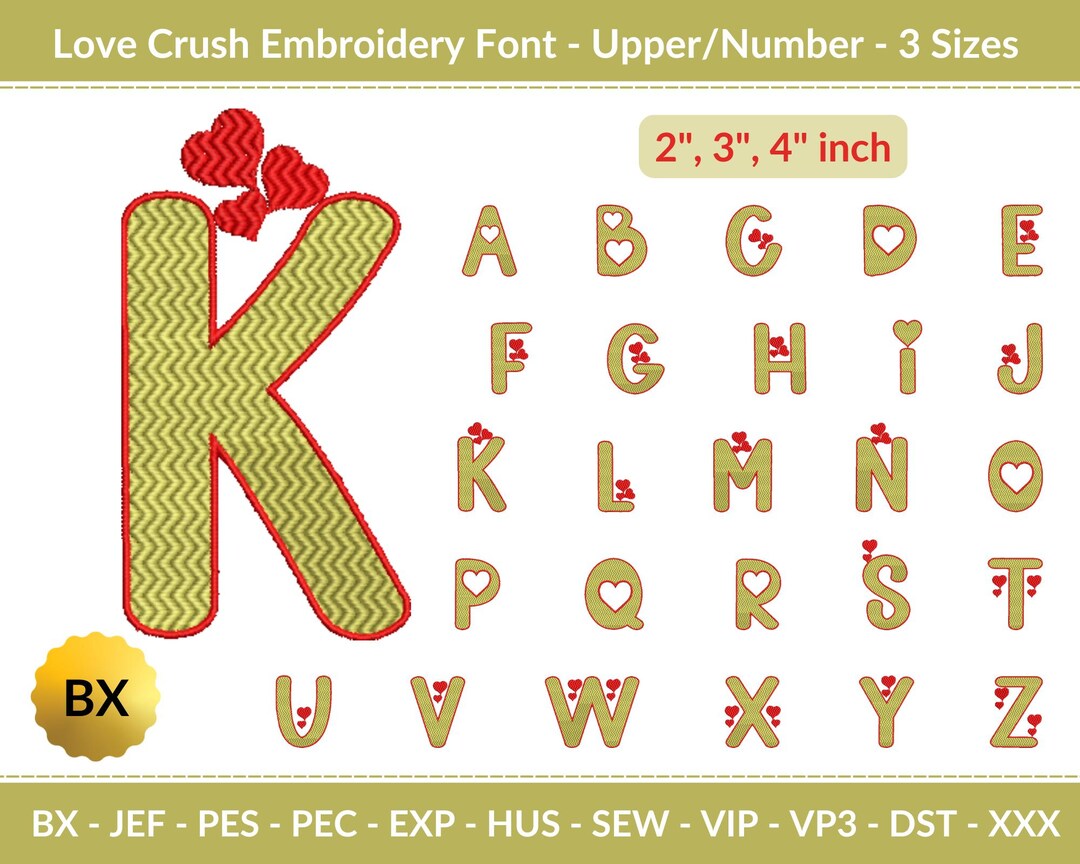 Valentine’s Day Embroidery Font - Love Crush Embroidery Alphabet in 3 ...