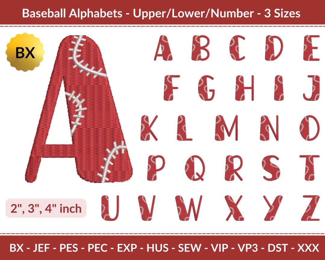 Baseball Stitch Alphabet Embroidery Fonts – Uppercase, Lowercase ...