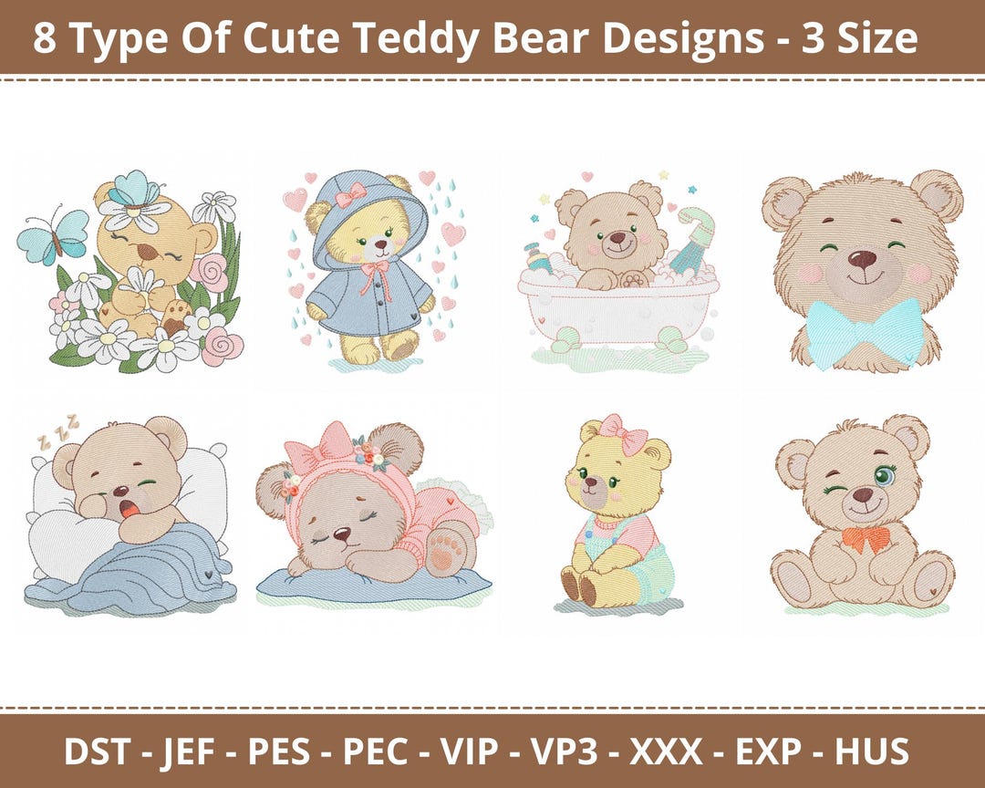 Adorable Teddy Bear Embroidery Designs Bundle – 8 Cute Patterns in 3 ...