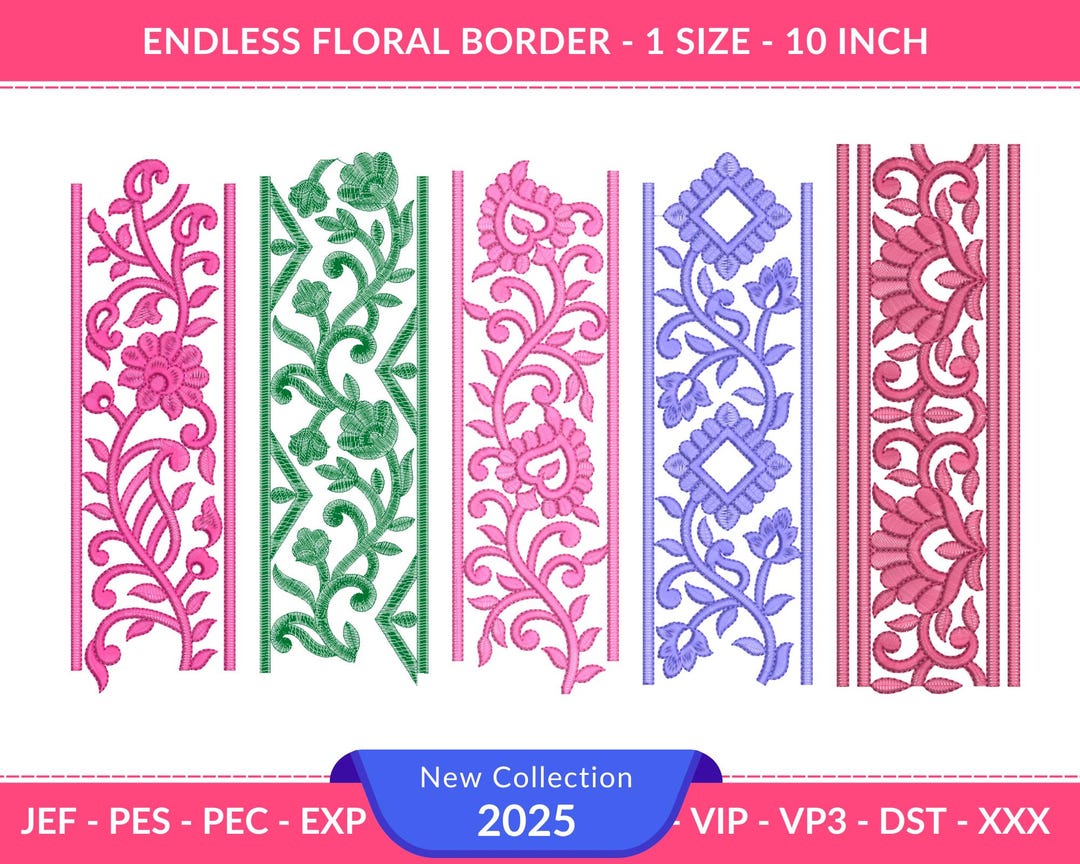 Endless Floral Border Embroidery Design – 10" Inch – Machine Embroidery ...