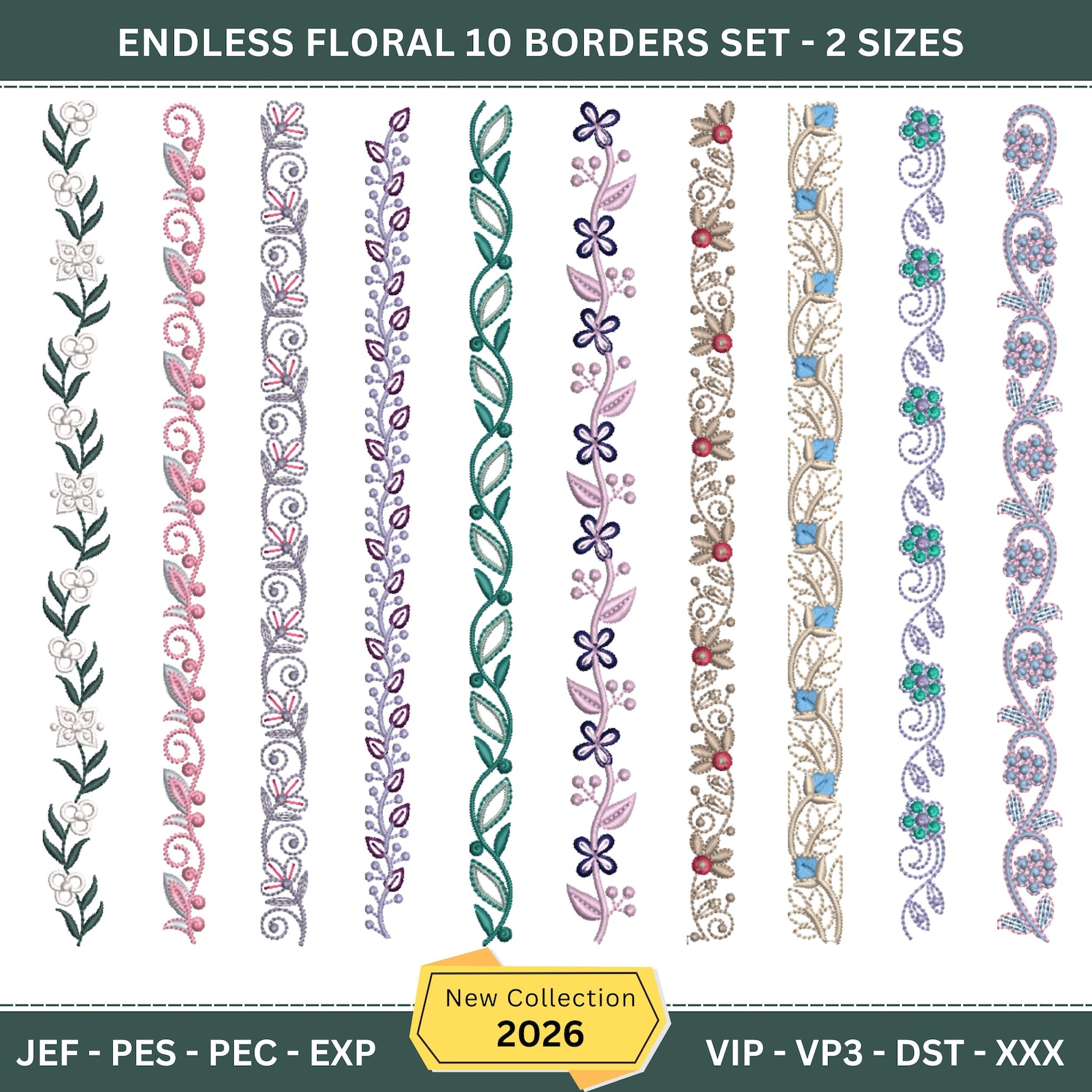 Endless Floral Border Embroidery Designs Set | 10 Borders | 2 Sizes ...