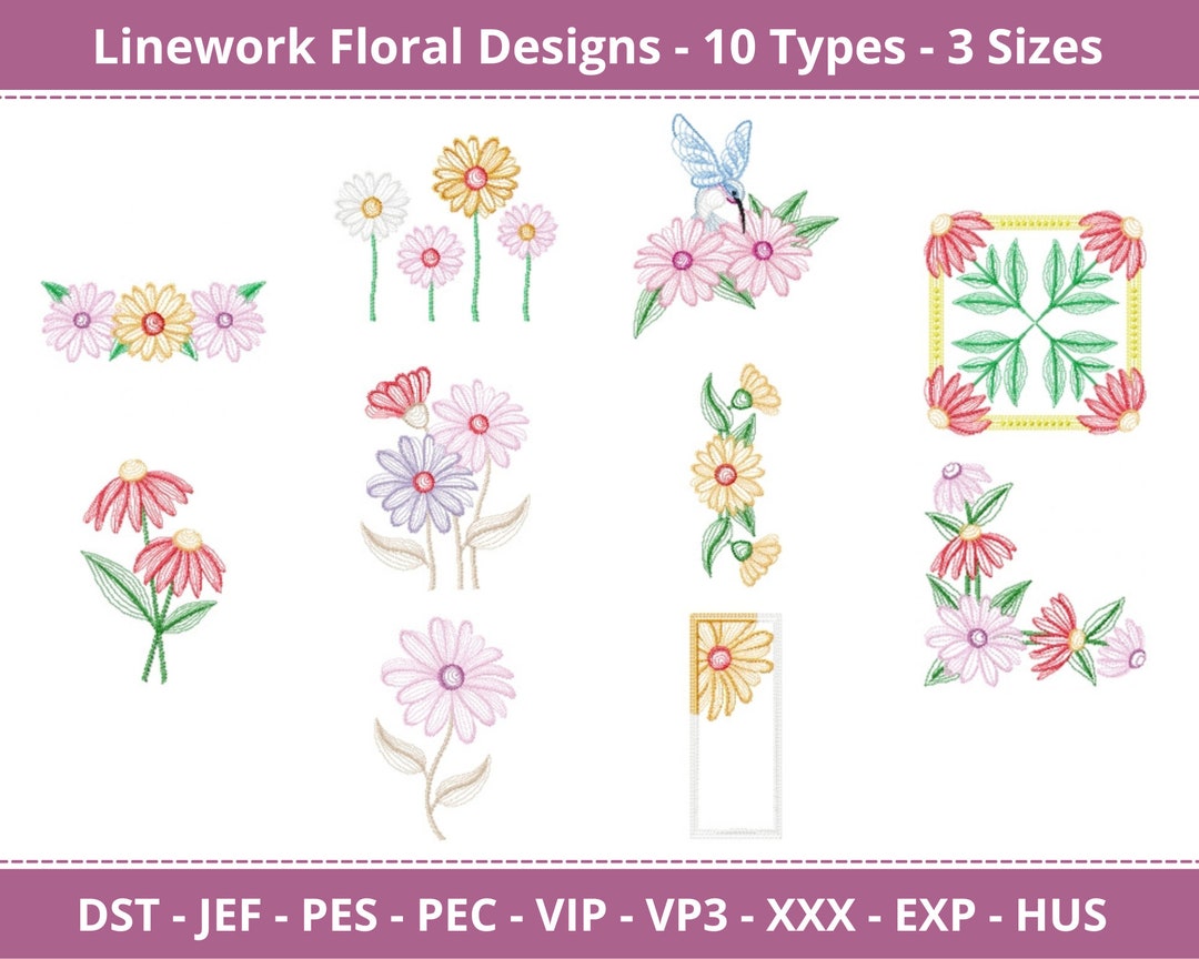 Vintage Flower Line Work Machine Embroidery Designs 10 Designs 3 Sizes ...