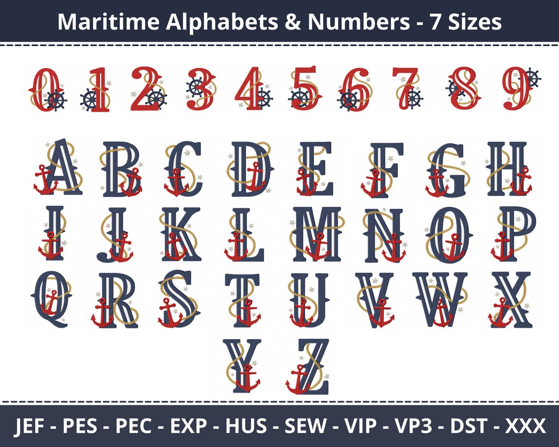 Maritime Alphabet Letters & Numbers Embroidery Designs - 7 Sizes ...