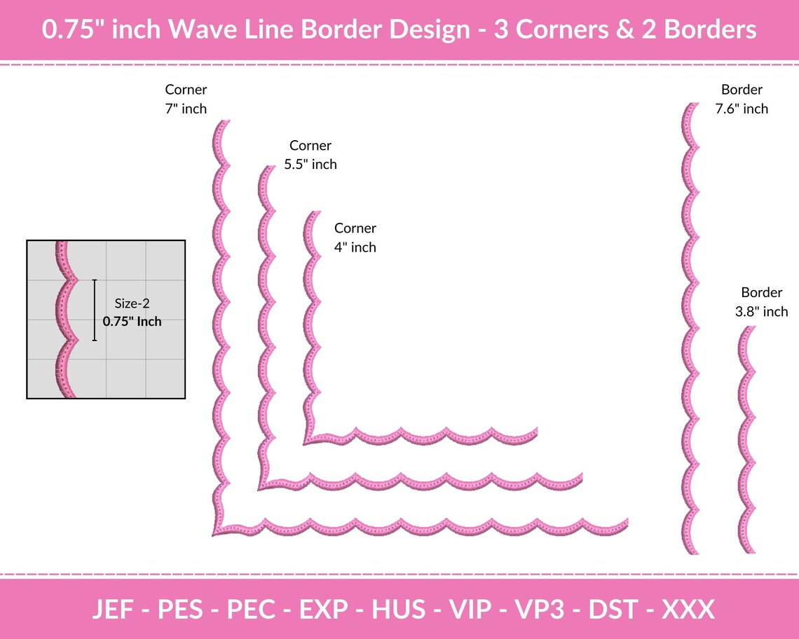 Wave Line Border Embroidery Design Set – Endless Pattern - 3 Wave Size ...