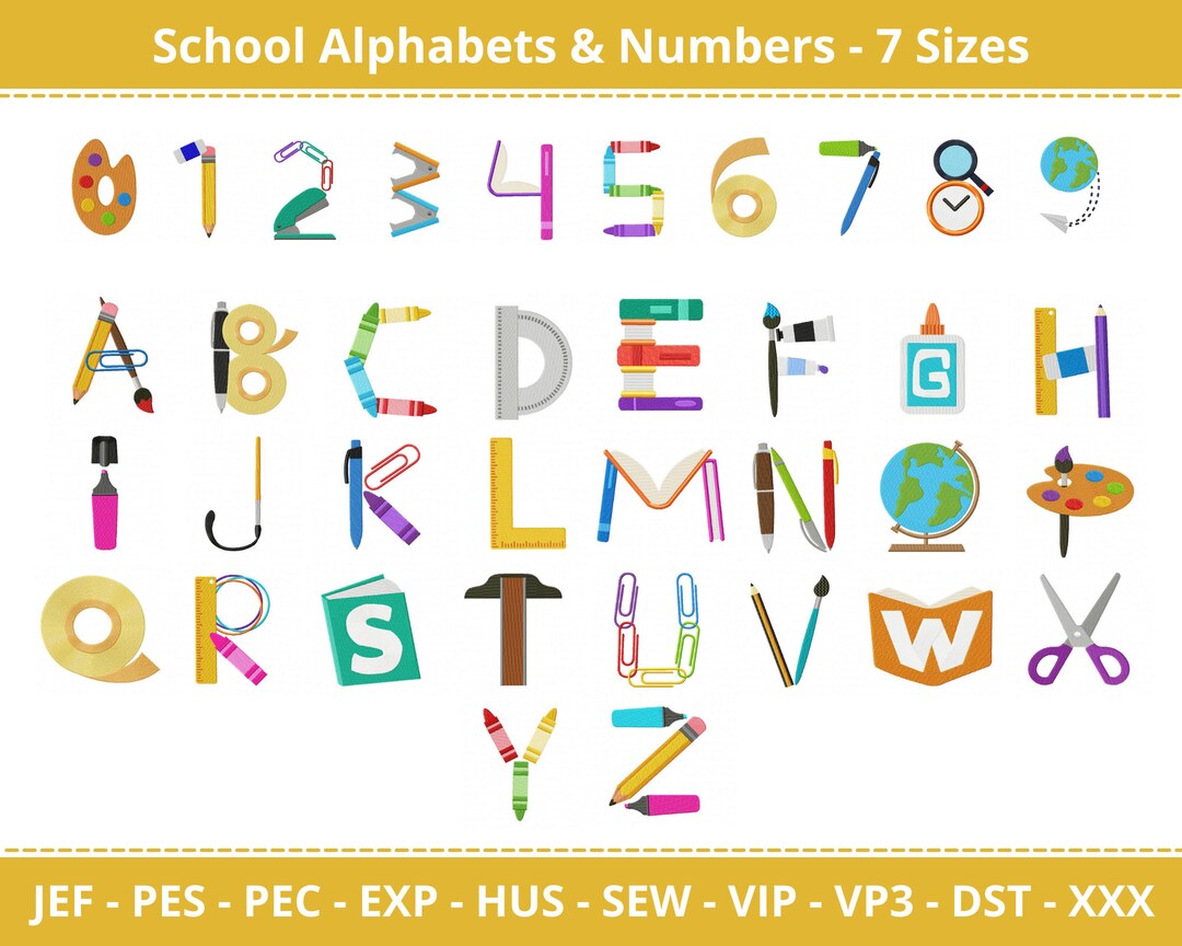 School Things Alphabets & Number Embroidery Designs - 7 Sizes - Instant ...