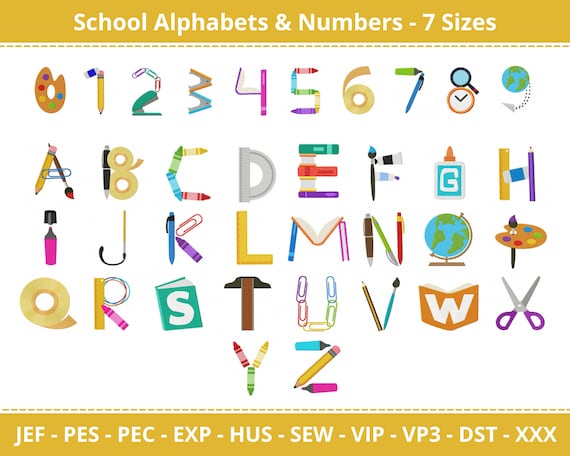 School Things Alphabets & Number Embroidery Designs 7 Sizes | Etsy