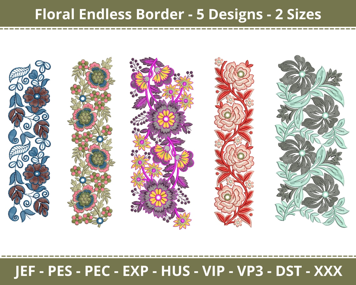 Floral Endless Border Embroidery Designs - 5 Designs - 2 Size - Instant ...