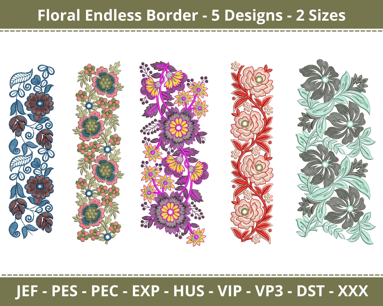 Floral Endless Border Embroidery Designs - 5 Designs - 2 Size - Instant ...