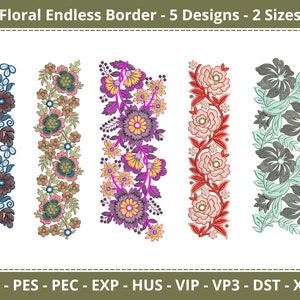 Floral Endless Border Embroidery Designs - 5 Designs - 2 Size - Instant ...