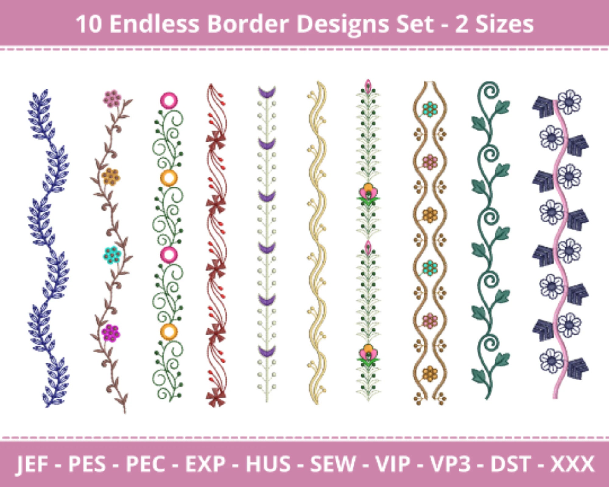 80 Border Embroidery Designs Bundle - Flower Embroidery Border Pattern ...