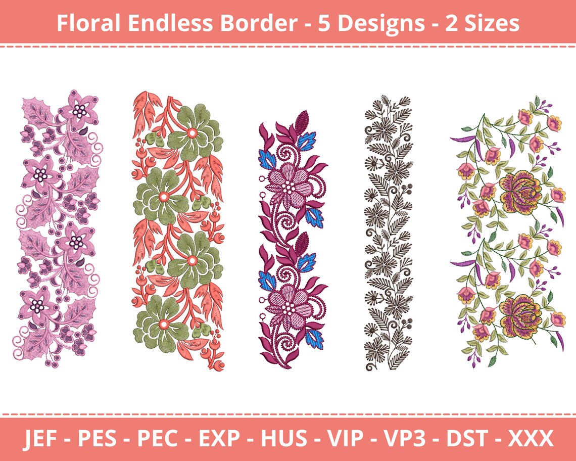 Floral Endless Border Embroidery Designs 5 Designs 2 Size - Etsy