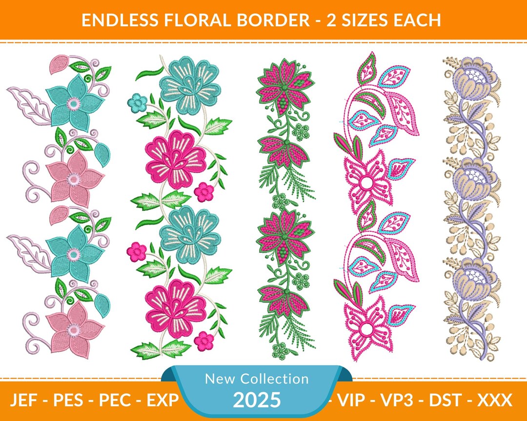 Seamless Floral Border Embroidery Design, Decorative Floral Embroidery ...