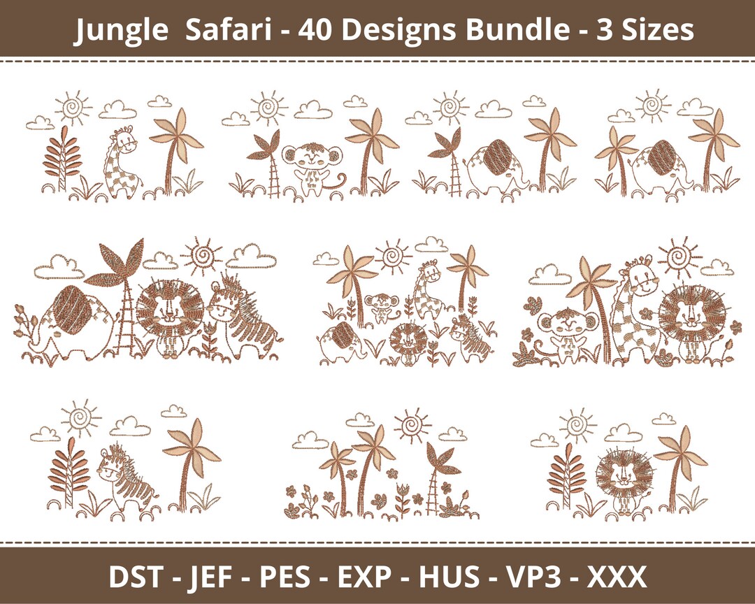 Jungle Safari Animal Machine Embroidery Design Bundle – 40 Cute Line ...