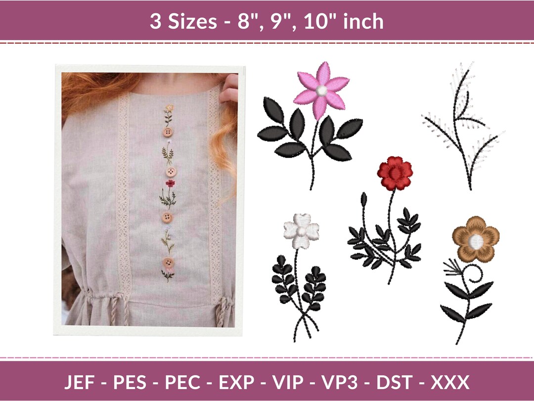 Vertical Floral Button Panel Embroidery Design for Kurti or Dress Front ...