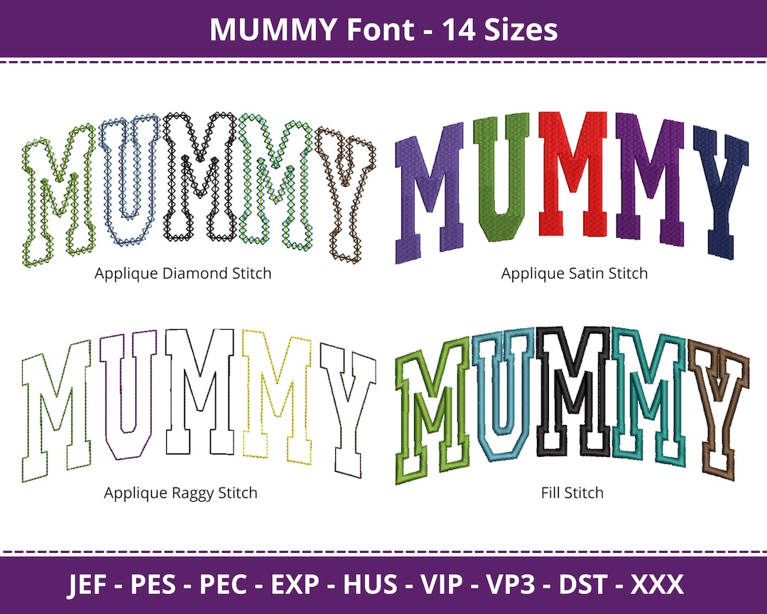 MUMMY Applique Font Machine Embroidery Designs - Diamond Stitch, Raggy ...