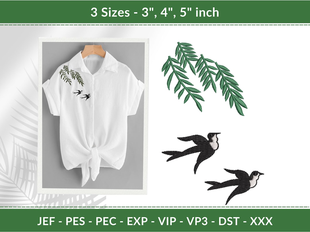 Flying Birds & Leaves Embroidery Design – 3 Sizes (3", 4", 5 ...