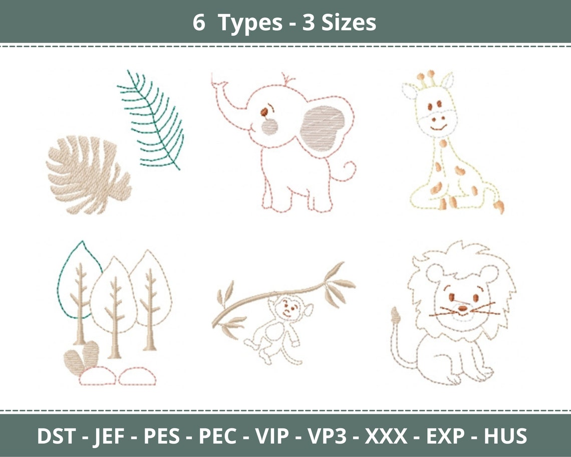 Line Work Safari Animals Machine Embroidery Designs - 6 Types - 3 Sizes ...