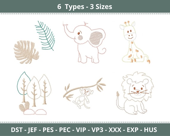 Line Work Safari Animals Machine Embroidery Designs 6 Types - Etsy