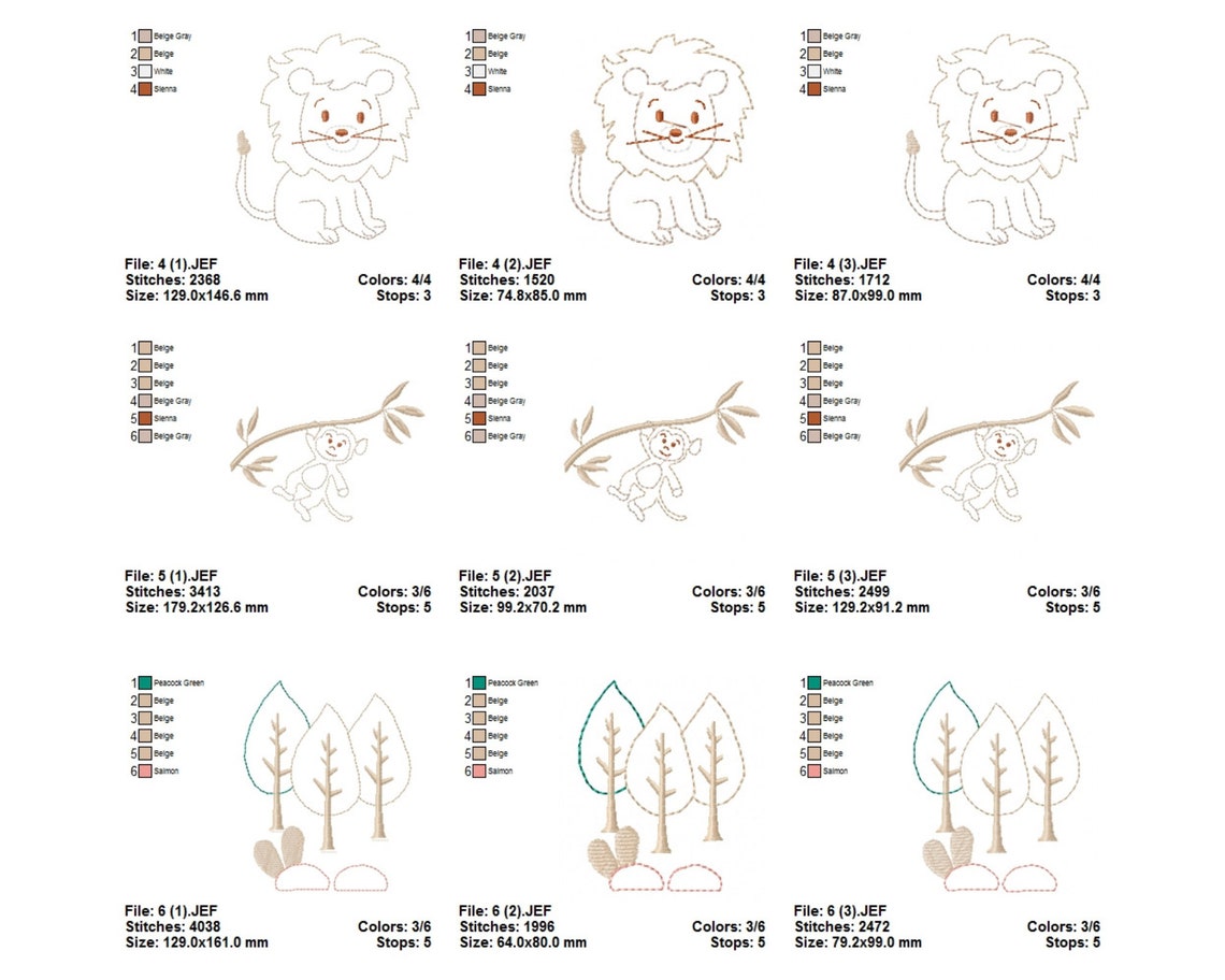 Line Work Safari Animals Machine Embroidery Designs - 6 Types - 3 Sizes ...