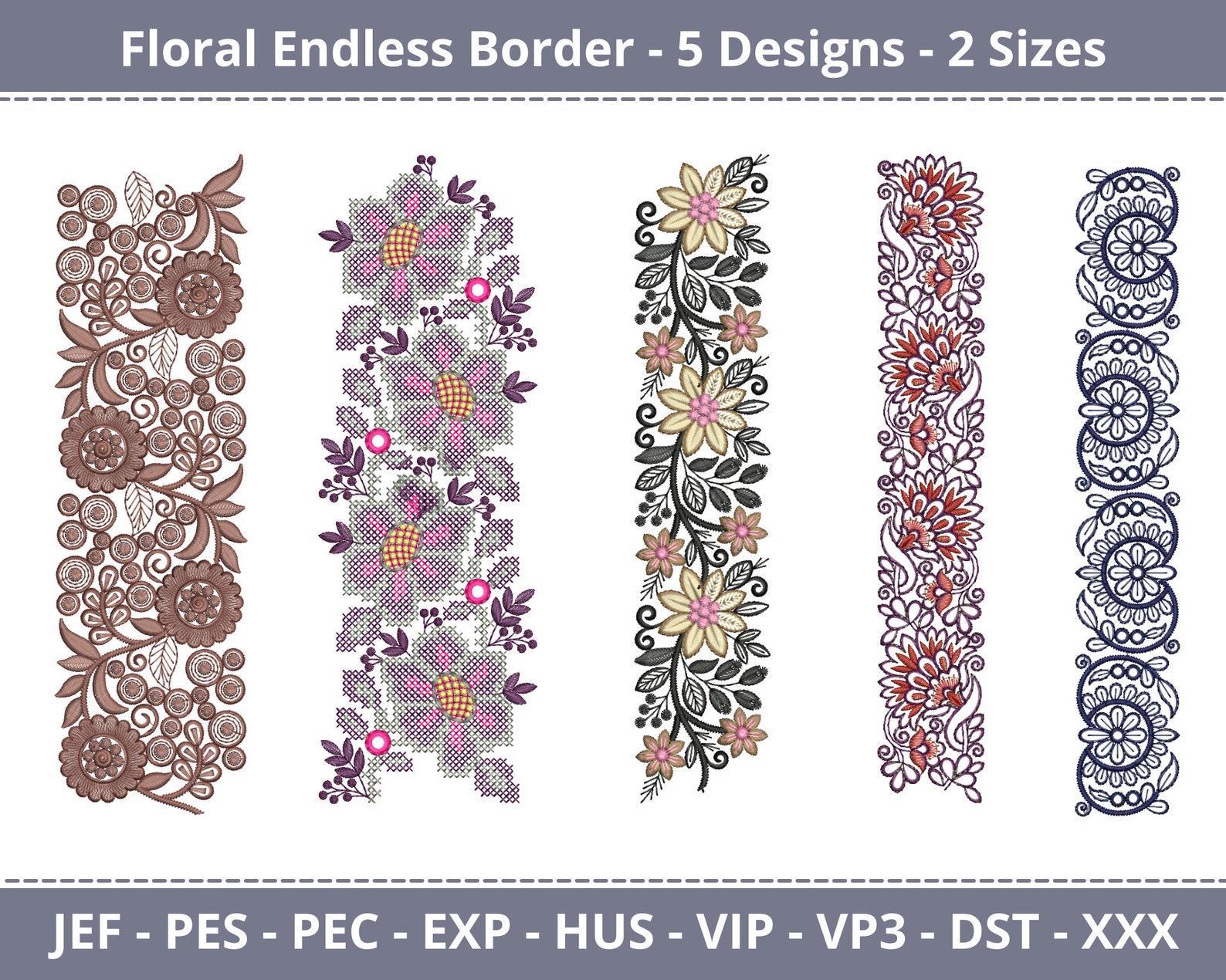 Floral Endless Border Embroidery Designs 5 Designs 2 Size | Etsy