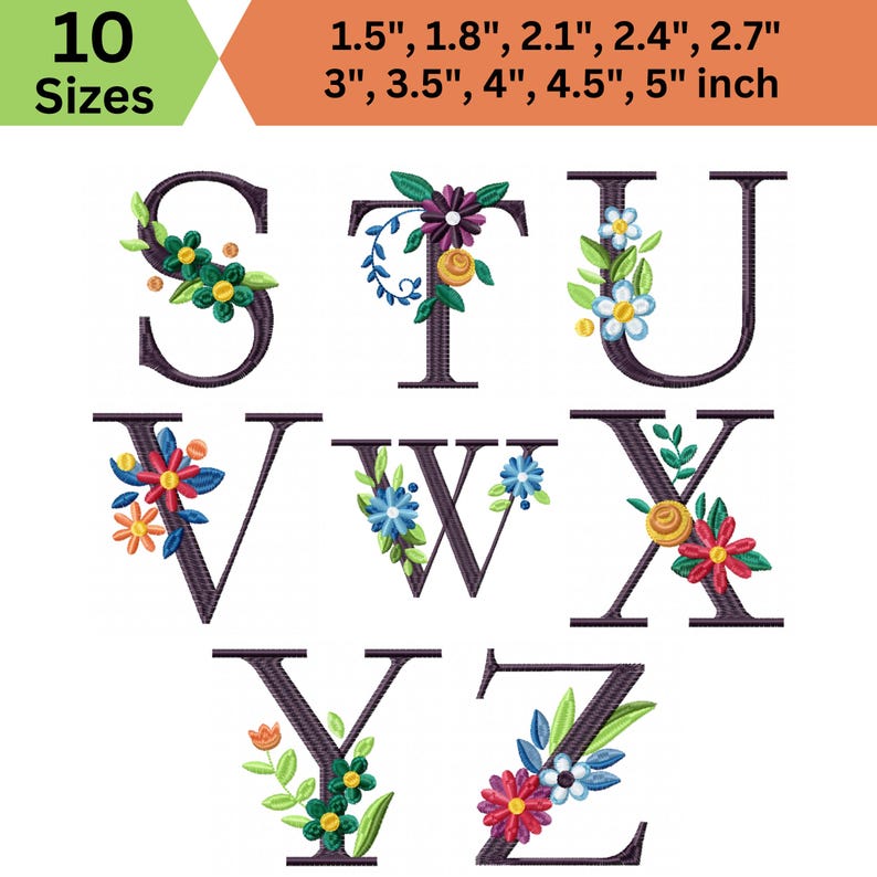 Floral Alphabet Embroidery Font - A-Z Monogram Set - 10 Sizes (1.5" to ...