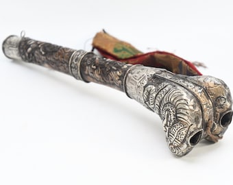 Vintage Bone Double Mahakala Hand Carved Silver Inlay Kangling Tibetan ...