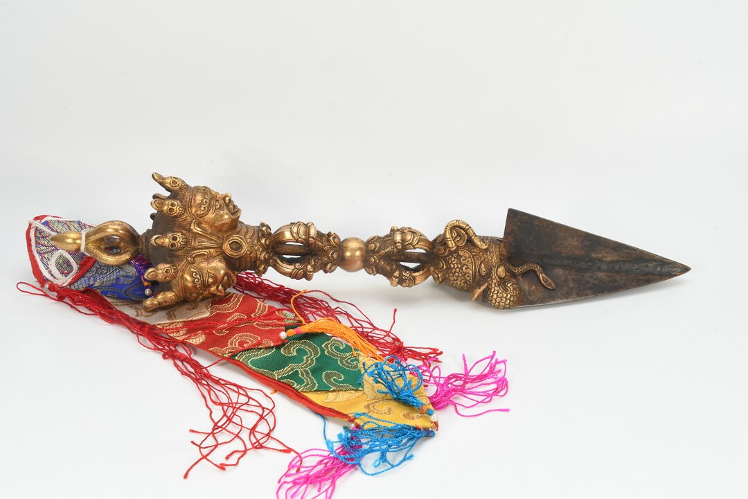 Gold Gilted Three Headed Mahakala Phurba Dagger Vedic Object Kartika ...