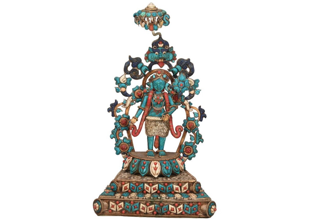 Hand Carved Lokeshwara Statue: Antique Tibet Filigree Turquoise, Gilt ...
