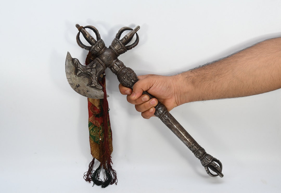 Rare Wand Iron Khatanga Axe With Vajra Dorje Antique Tibetan Ritual ...