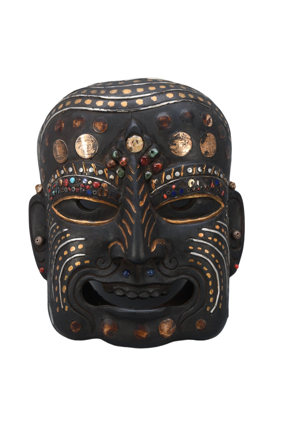 Wood Carved Face Mask Coin Stone Set Antique Shaman Tibetan Tantric ...