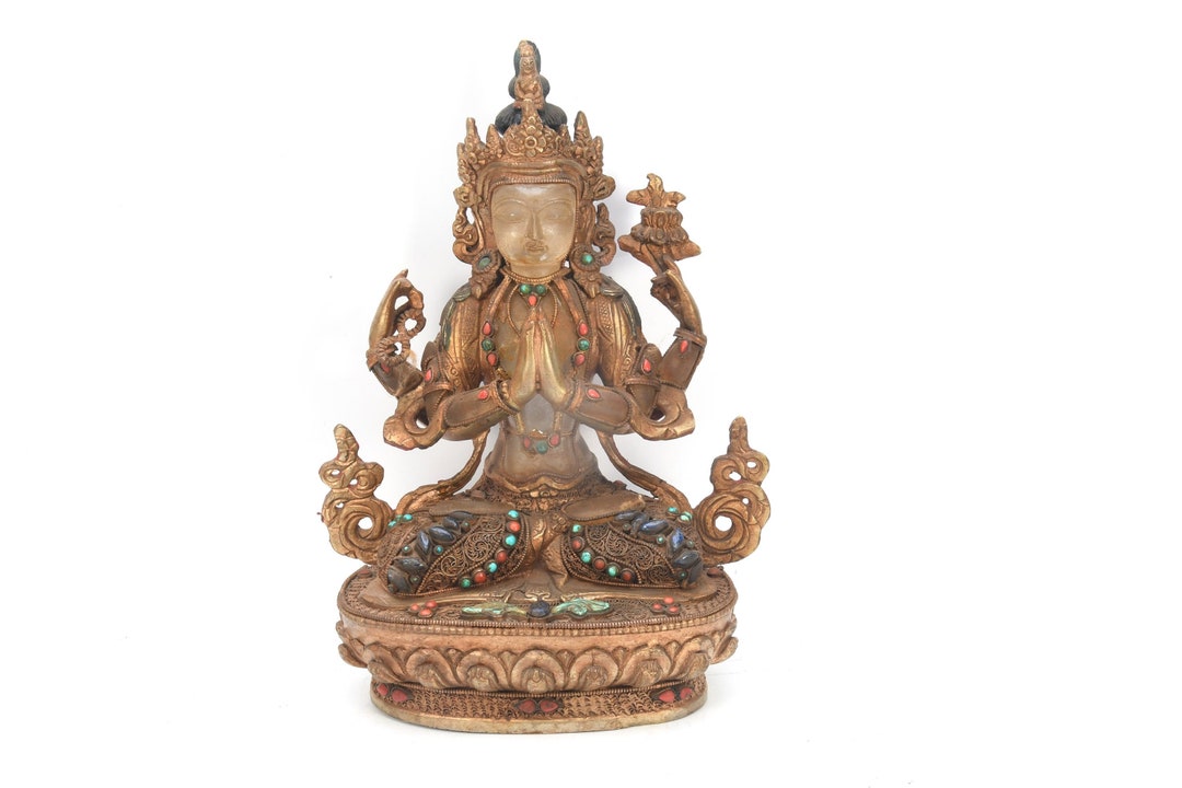 Antique Crystal Chenrezig Statue: Gold Accents, Handmade ...