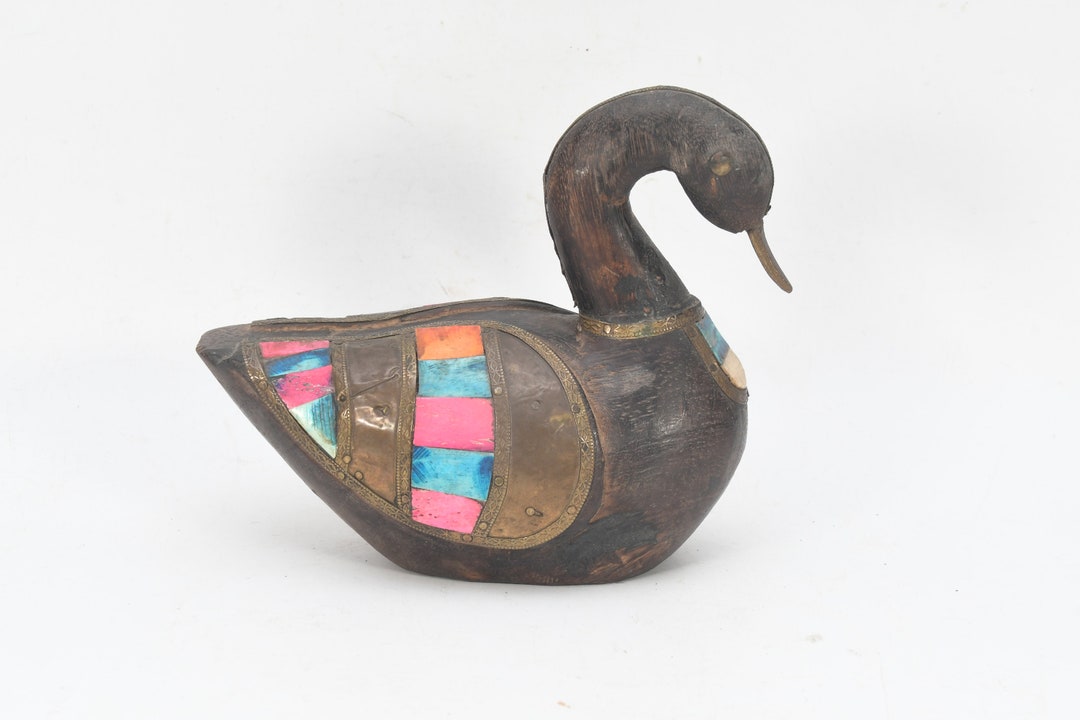 Hand-carved Wooden Duck Statue, Traditional Tibetan Brass Fitted Decor ...