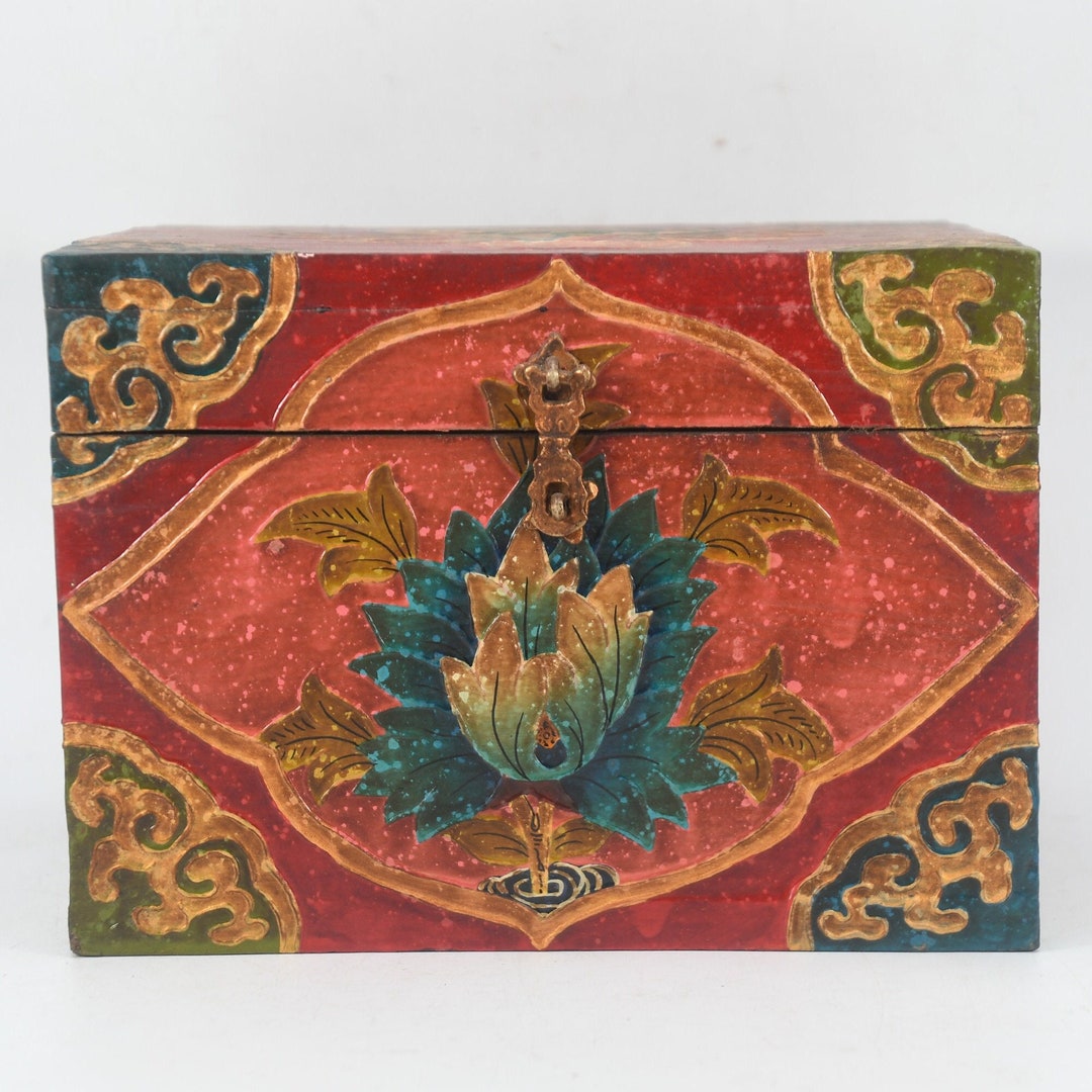 Buddhist Handmade Wooden Nepal Box Painted Treasure Container Tibetan ...