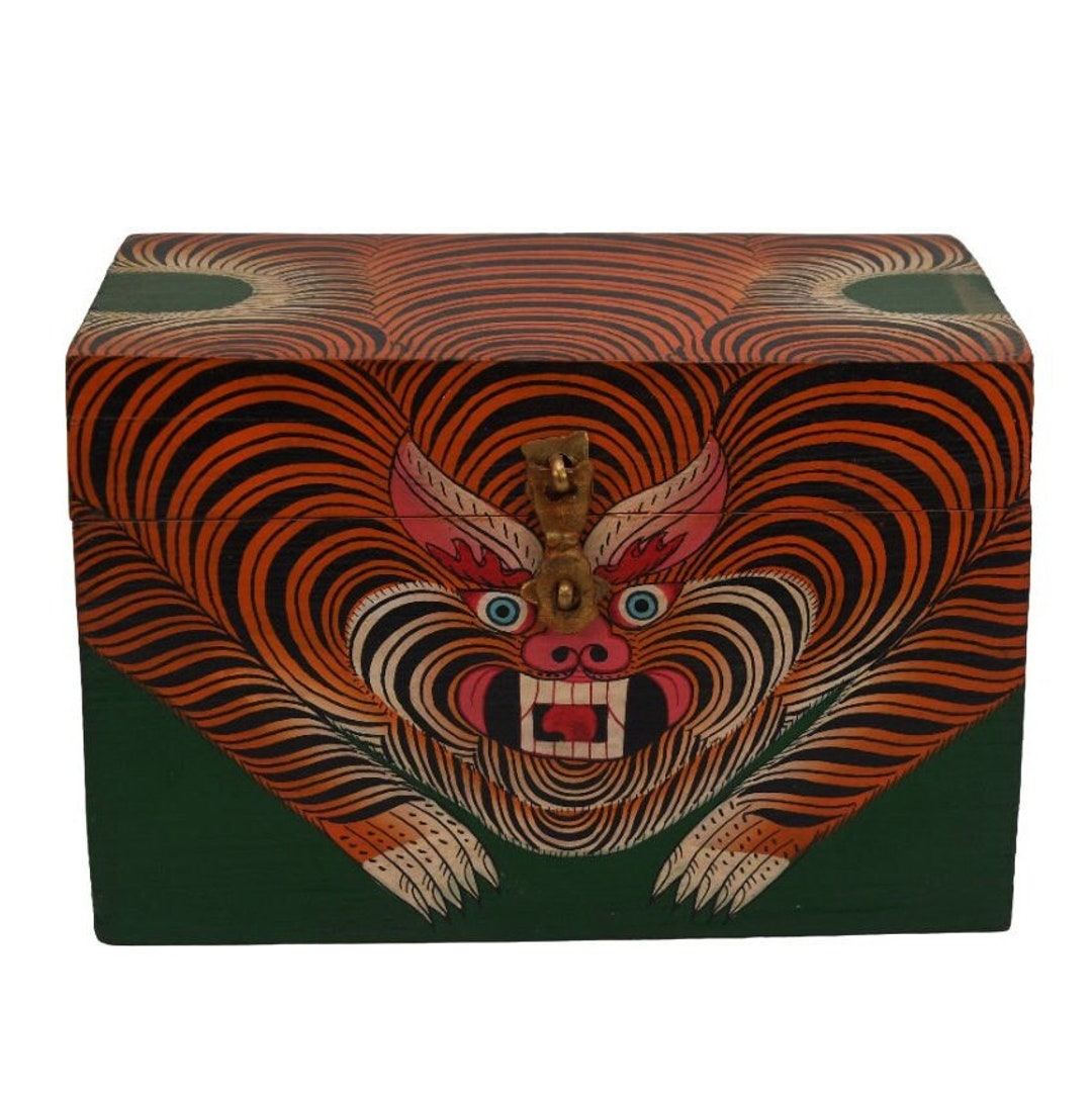 Handmade Tiger Motif Tibetan Box Wooden Jewelry Box Treasure Container ...