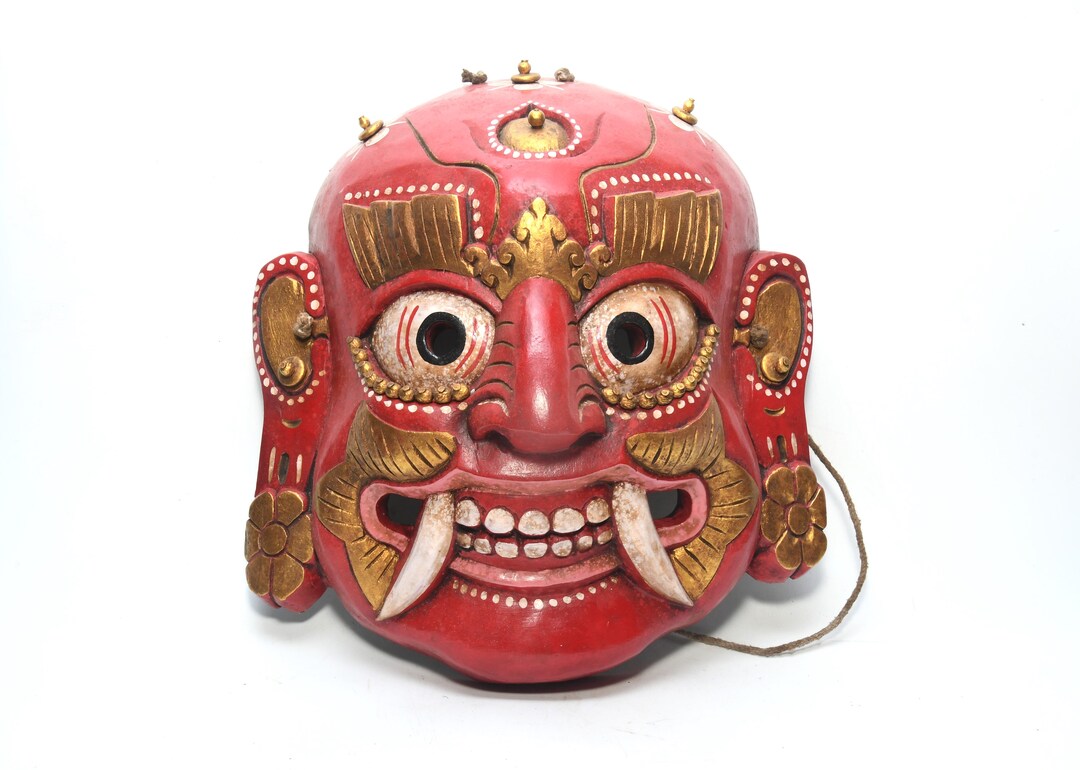 Typical Newari Diety Lakhey Wooden Handmade Metal Beaded Tribal Mask ...