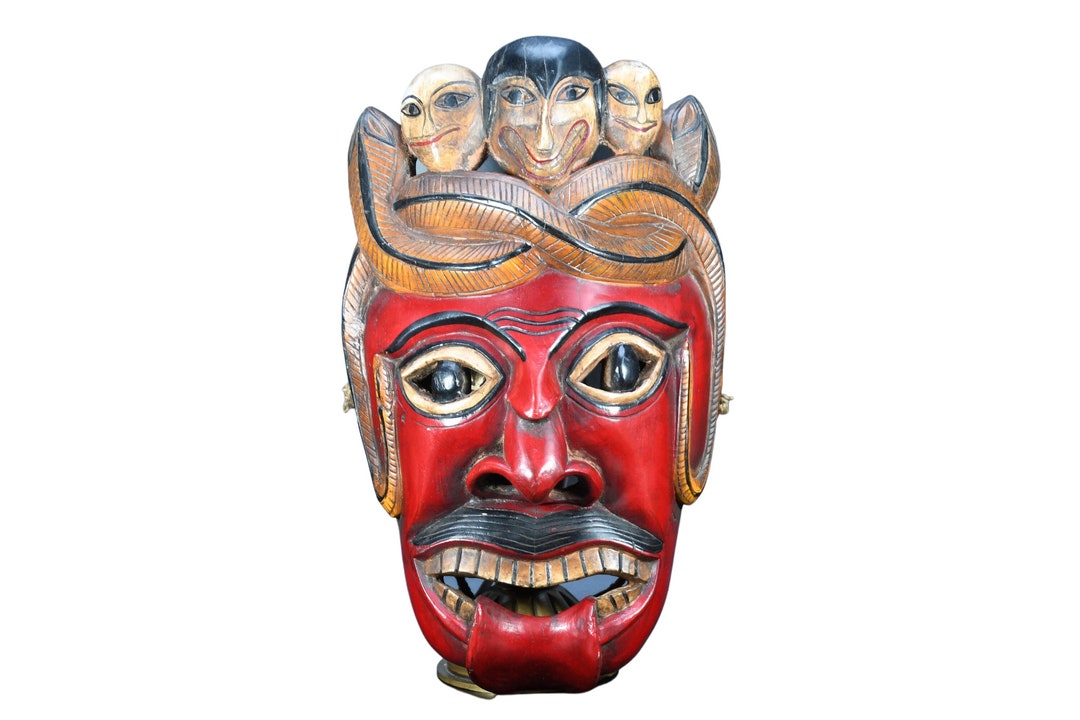 3 Head Red Face Wooden Mask Tibetan Tharu Mask Hand Craved Vintage ...