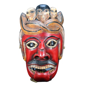 3 Head Red Face Wooden Mask Tibetan Tharu Mask Hand Craved Vintage ...