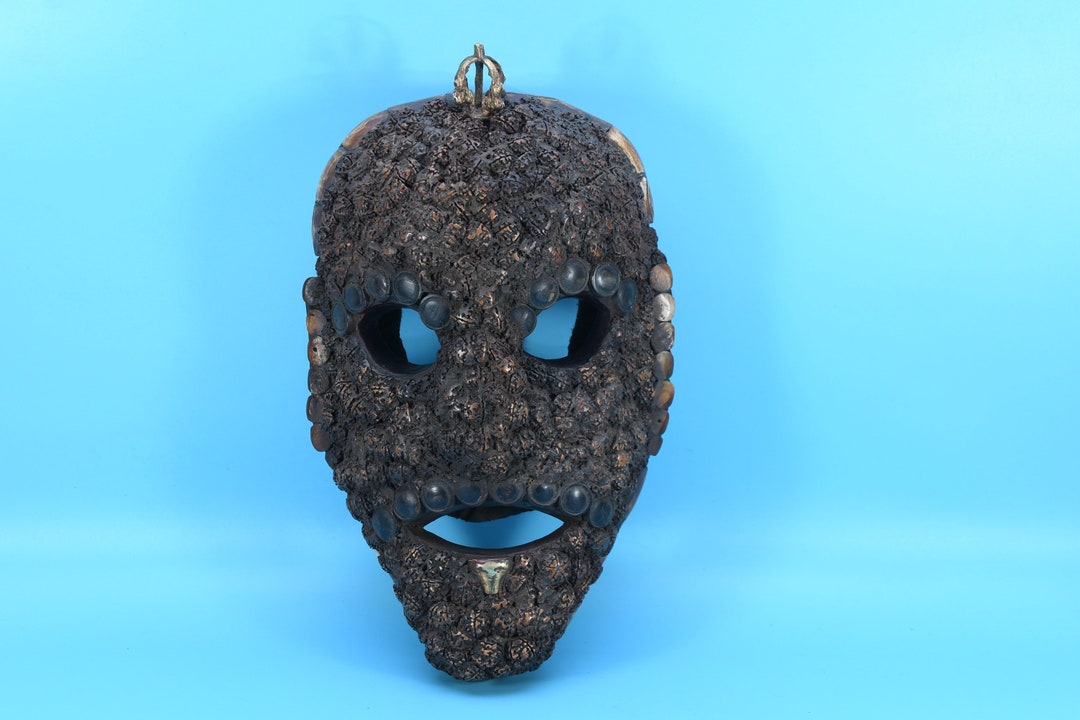 Hand Carved Tibetan Mask With Rudraksha Beads, Tantric Wall Art - Etsy