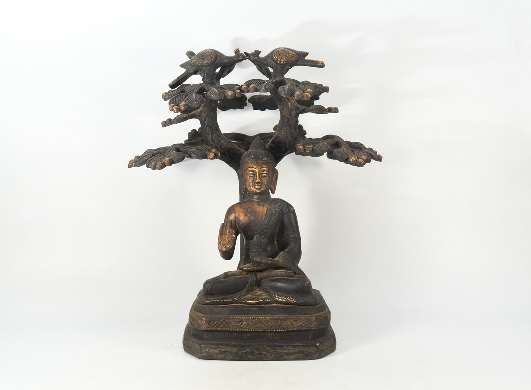 Brass Buddha Resting Under Bodhi Tree and Meditating Antique Tibetan ...