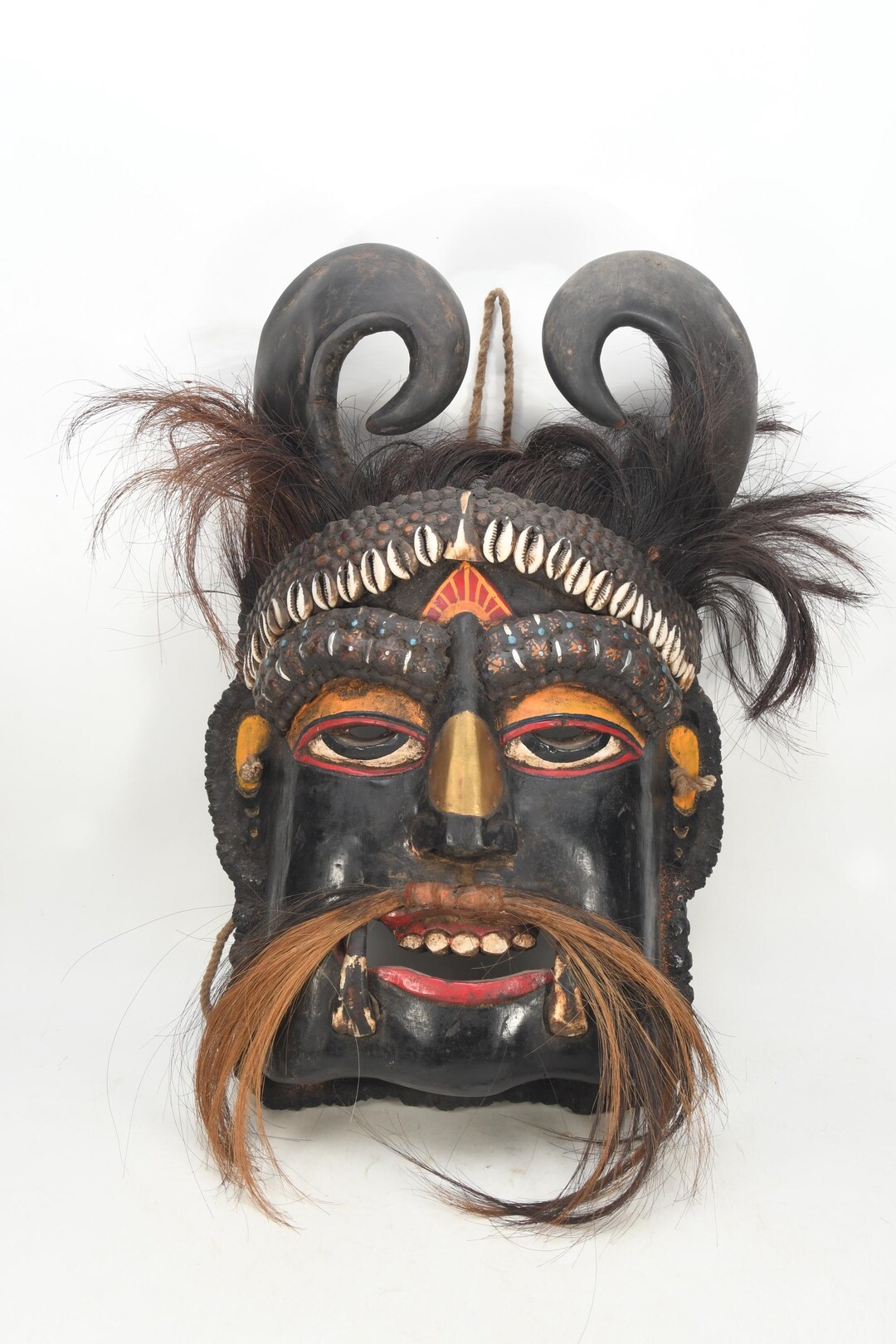 Handmade Wood & Horn Jhakri Shaman Mask | Vintage Tribal Wall Decor - Etsy